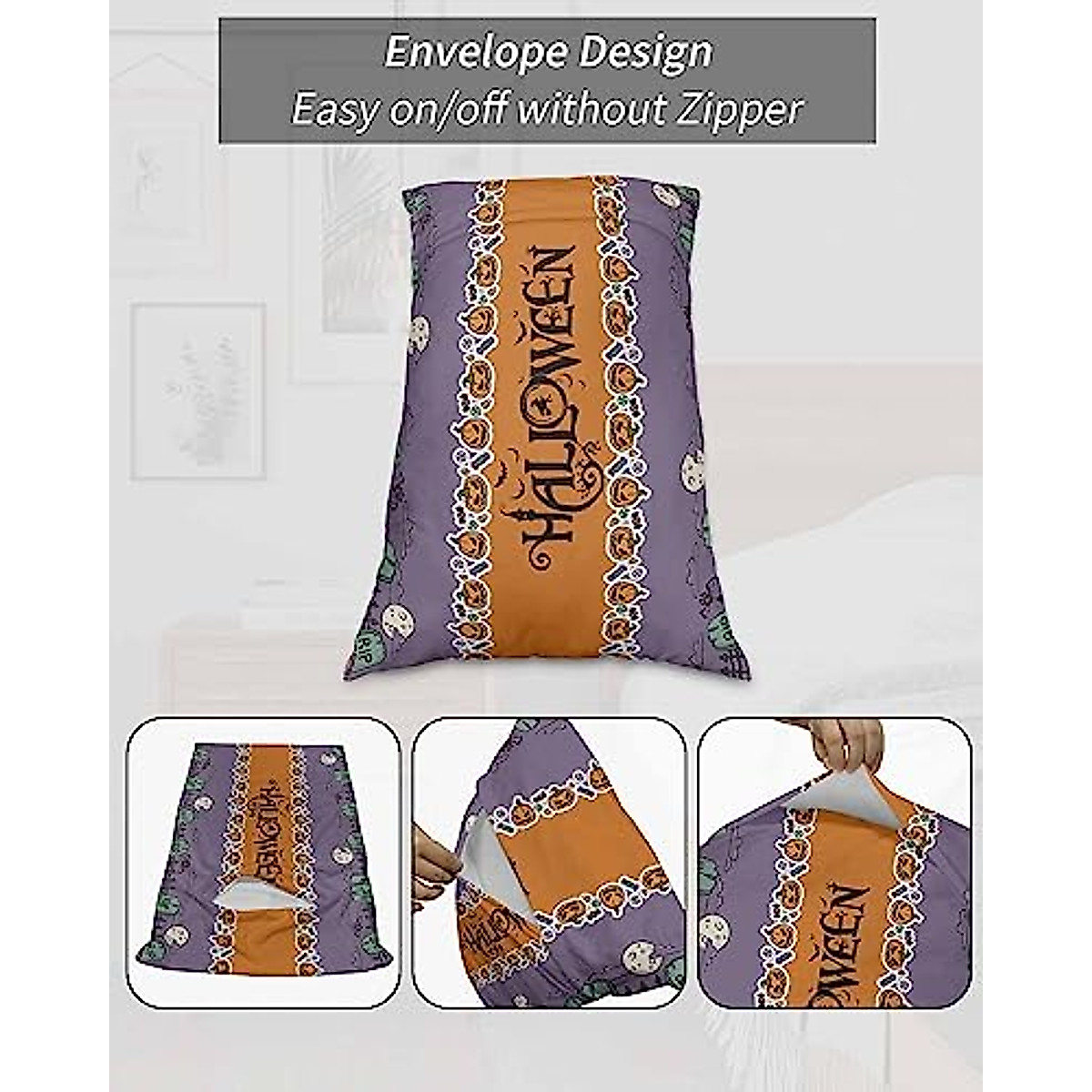 Edwiinsa Halloween Pillow Covers Standard Size Set of 2 Bed Pillow, Fall Pumpkin Black Bats Tombstone Purple Plush Soft Comfort for Hair/Skin Cooling Pillowcases with Envelop Closure 20''x26''