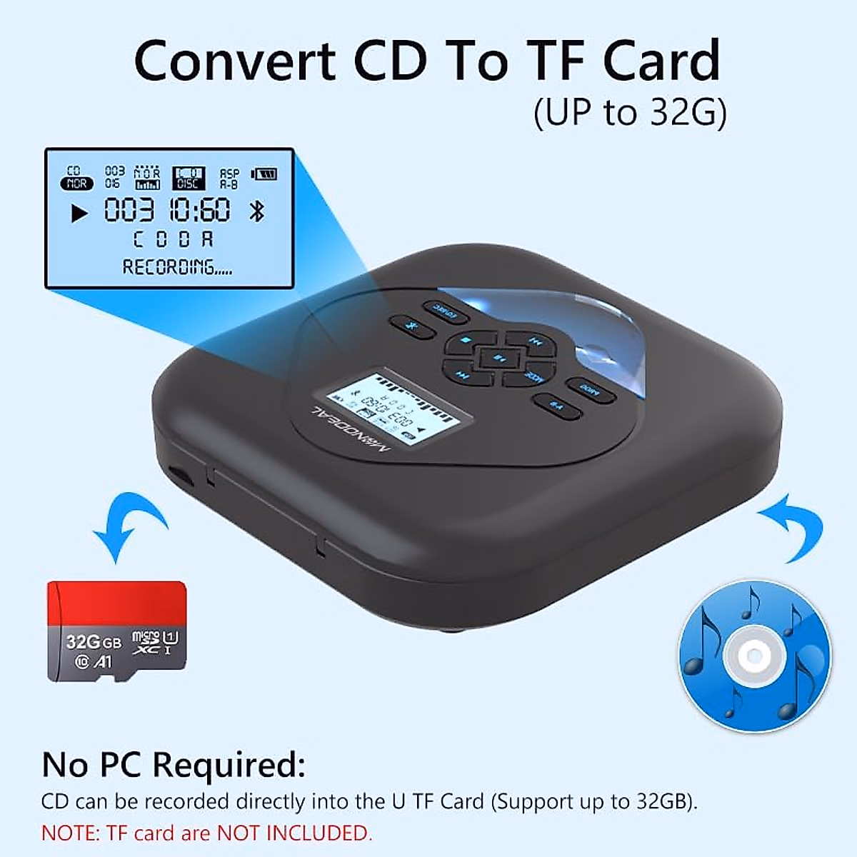 MONODEAL CD Player Portable,Bluetooth CD Player with Speakers,Rechargeable Walkman CD Player for Car and Home,Small Anti-Skip CD Player with Dual Headphone Jacks,WAV/FLAC/MP3/CD Compatible