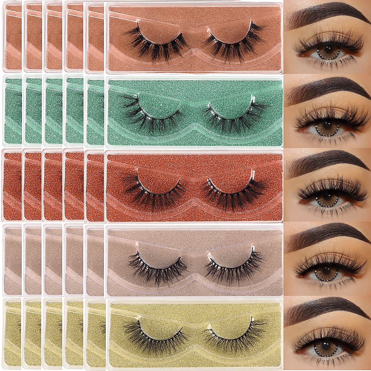 APCYUST Lashes Bulk 30 Pair Wholesale Short Natural Lash Fluffy Mink Eyelashes 15mm Faux Mink False Lash 16mm Cat Eye Fake Eyelash Soft 14mm Wispy Strip Eye Lashes with Individual Portable Lash Pack