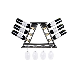 Charmont Wooden Rustic Wine Rack - Floating Triangle Wall Mounted Wine & Glass Holder - Perfect Wall Home Decor Bar, Kitchen Storage, Dining Room, Wedding Gift (Grey Holds 6 Bottles & 4 Stemware Cups)
