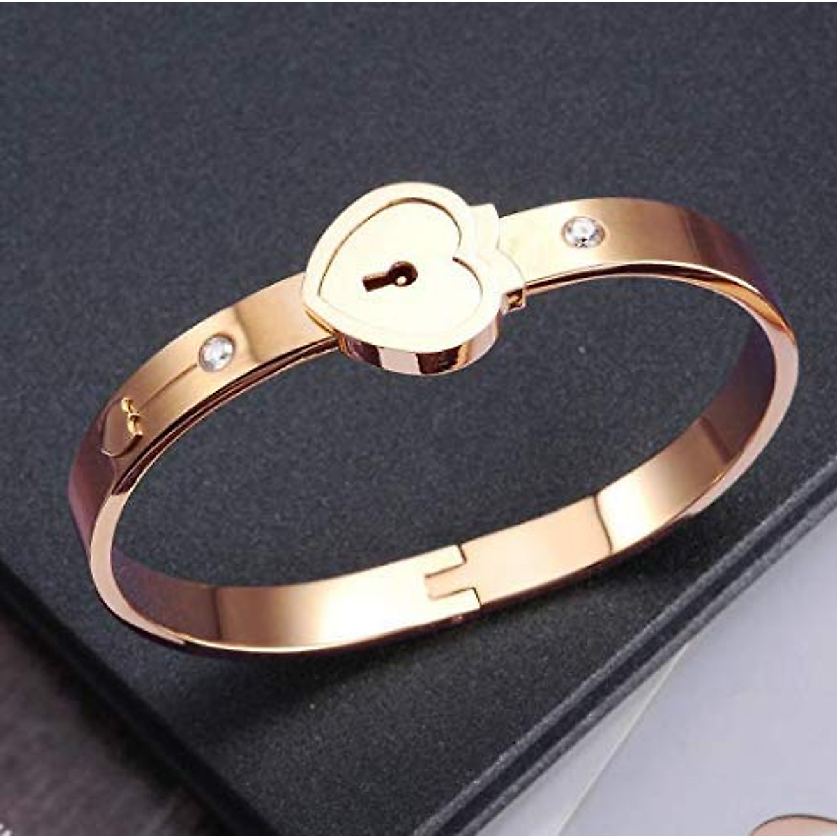 JRjewelry His and Hers Korean Style Rosegold Stainless Steel Hold The Key to My Heart Forever Lock Bangle Bracelet and Key Pendant Necklace Set-BR399