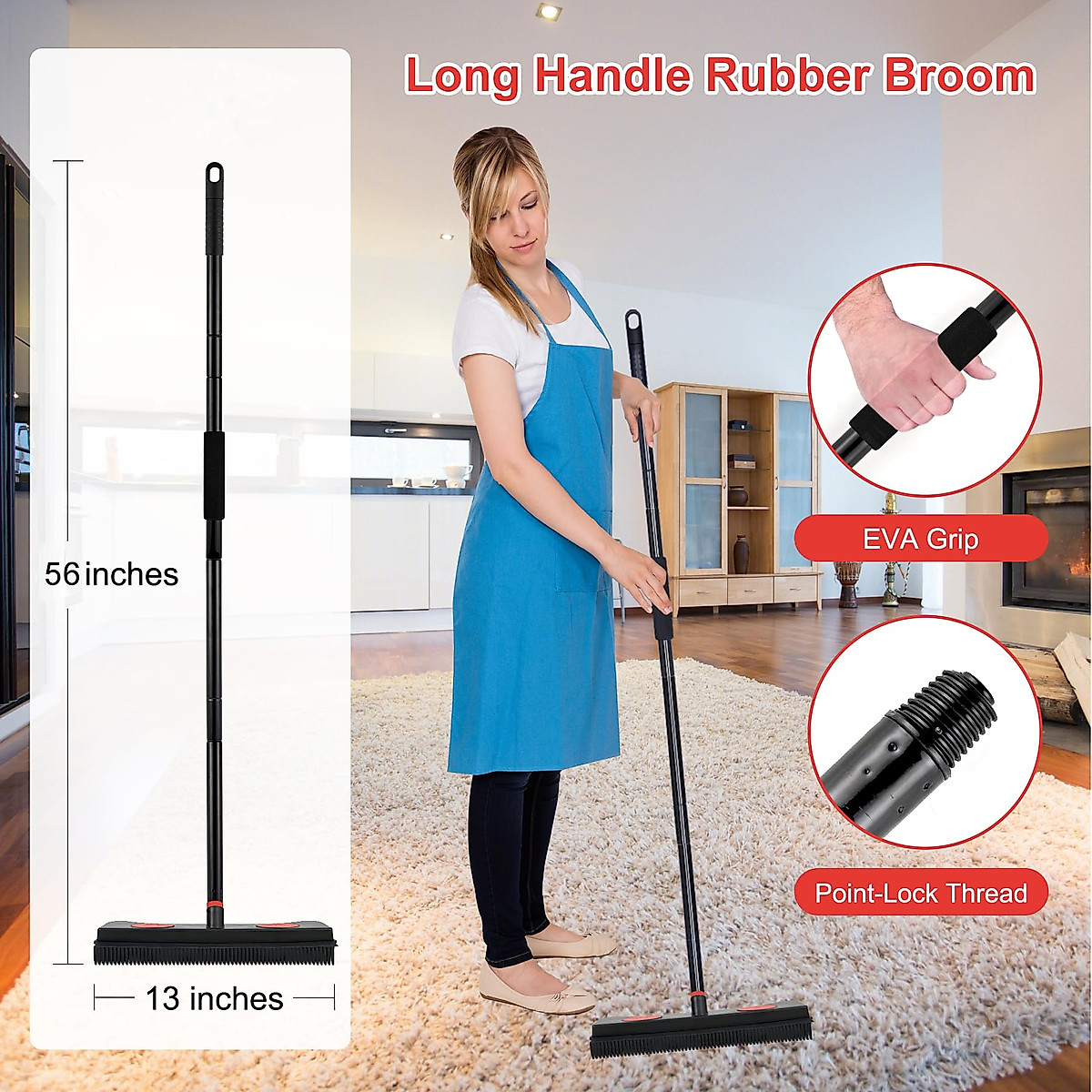 Tiumso Rubber Broom for Carpet, Pet Hair Removal Broom with Squeegee for Floor, Carpet Broom Includes Rubber Brush and Microfiber Cloth for Dog and Cat Hair - Black and Red