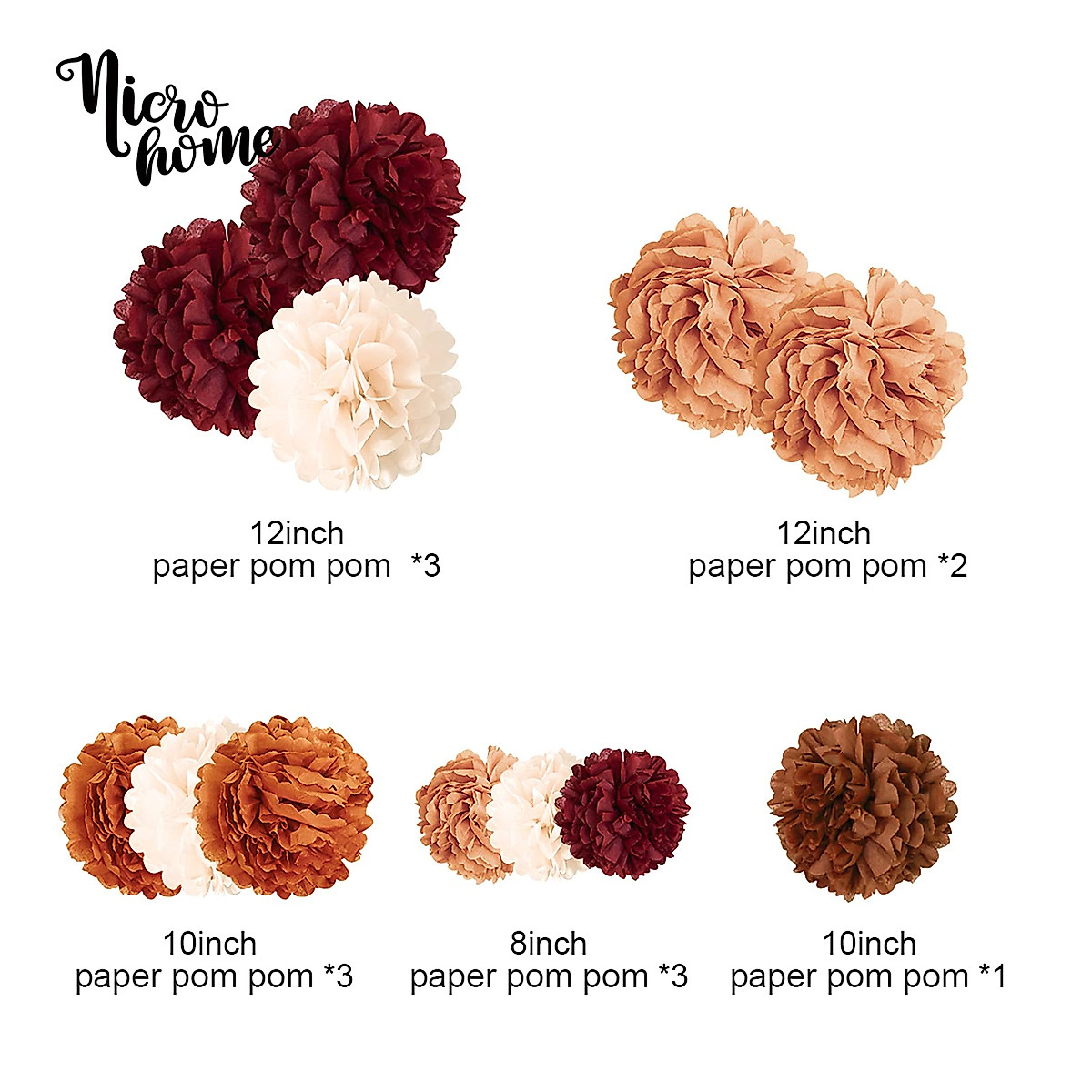 NICROHOME 12 PCS Wedding Party Decorations - Carmine, Rust Orange, Light Brown Tissue Paper Pom Poms for Rustic Wedding, Retro Parties, Baby Shower, Birthday,Thanksgiving