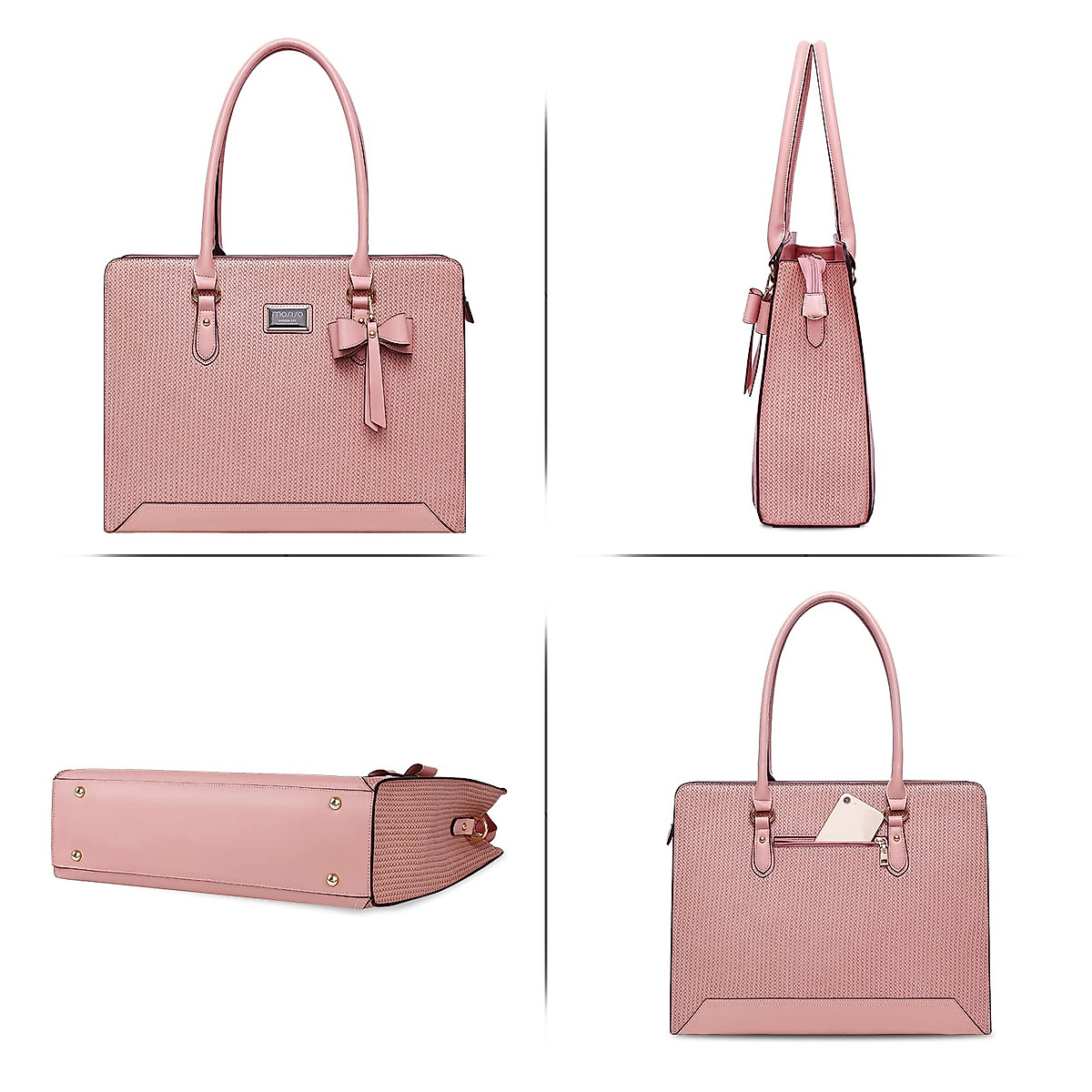 MOSISO Laptop Tote Bag for Women, 15.6 inch PU Leather Laptop Bag Compatible with MacBook, HP, Dell, Asus Notebook, Large Capacity Woven Travel Work Office Computer Briefcase & Clutch Purse, Pink