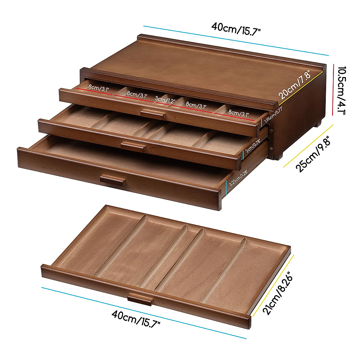 MEEDEN PRO Wood Artist Supply Storage Box - 3 Drawers Art Supply Storage Organizer - Solid Beech Wood Art Tool Box - Portable Storage Box for Pastels Pencils Brushes