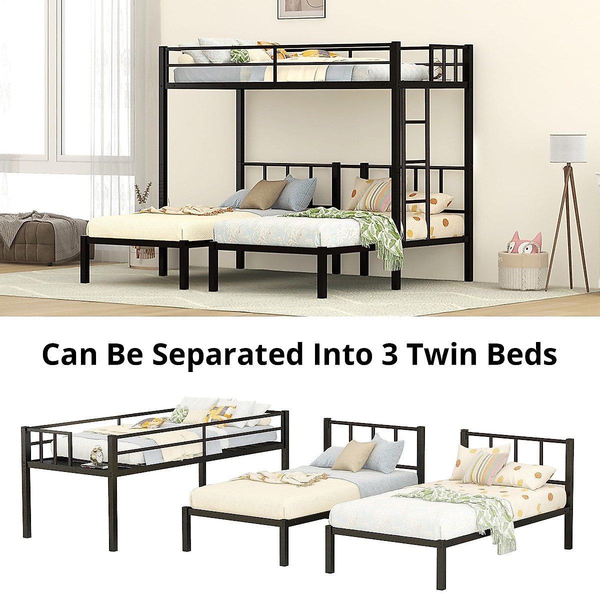 INCLAKE Triple Bunk Bed, Metal Twin Over Twin & Twin Bunk Beds for 3 with Guardrails, Ladder & Upper-Bed Platform, Detachable 3 Bunk Beds for Children, Teens, Adults, No Box Spring Needed, Black