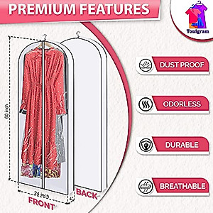 ToniGram 60" Clear Garment Bags for Hanging Clothes - 5 Pcs Moth Proof Dress Bags for Gowns Long Dresses - Hanging Garment Bag Suit Bags for Closet Storage - Hanging Clothes Storage Bag - 4" Gussetes
