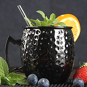 Shining Craft Moscow Mule Mugs Set of 2 - Black Plated Hammered Mugs 18 oz/ 550ml With Brass Handle and Stainless, Unlined Cups For Moscow Mule Cocktails and other Chilled Drinks (Black) SC020