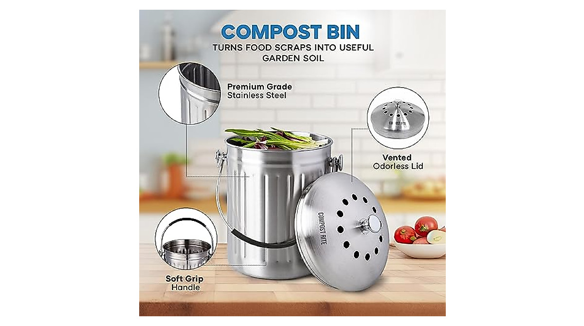 Compost Rite Stainless Steel Kitchen Compost Bin - Odor-Free & Durable