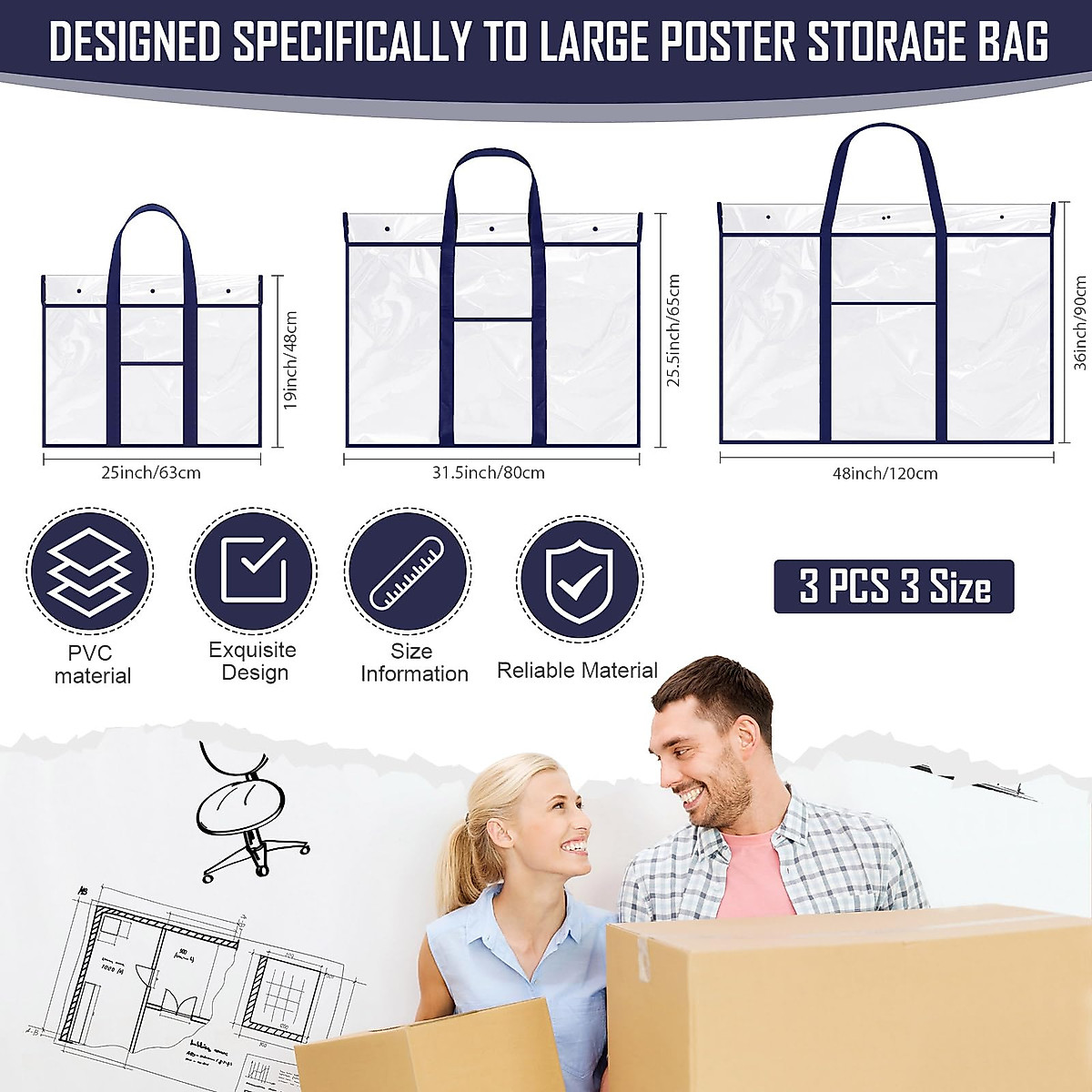 Windyun 3 Pcs Large Poster Storage Bag 48 x 36 Inches 31.5 x 25.5 Inches 19 x 25 Inches Bulletin Board Holder Classroom Organization and Storage Poster Storage Container Art Portfolio Case
