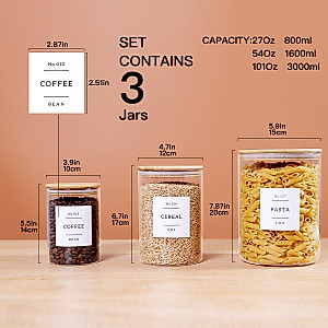 3 Pcs Glass Canisters with Airtight Bamboo Lids and 42 Kitchen Pantry Labels Preprinted - Clear Glass Flour and Sugar Storage Container Set - Large Glass Jars with Wood Lids(100 OZ/54 OZ/27 OZ)