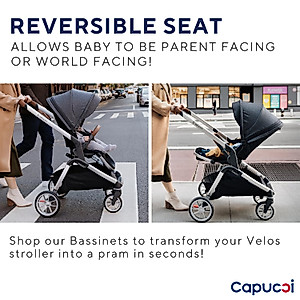 Capucci Velos Stroller - Premium Modular & Comfort, Self Standing with One Hand Auto Fold, Versatile Seat Options Baby Stroller with Car Seat Adapter and Ample Storage, Classic Gray