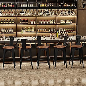Andeworld 26 Inch Swivel Bar Stools Industrial Metal Barstools High Back Dining Bar Chairs Counter Height Stools with Wooden Seat Set of 4(26inch, Black)