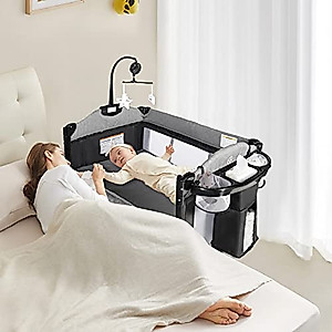 4 in 1 Portable Pack n Play, Baby Bedside Crib w/Bassinet, Folding Nursery Center Playard, Large Playpen for Infant and Toddler, Newborn Changing Table, Storage, Grey Basket, Side Zipper, Travel Bag