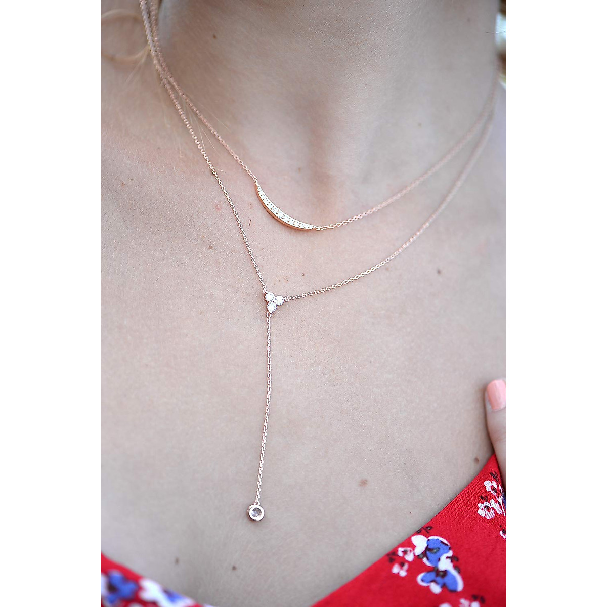 espere Womens Sterling Silver Dainty CZ Lariat Necklace Triple CZ Cluster Y-Shaped Necklace Platinum Plated