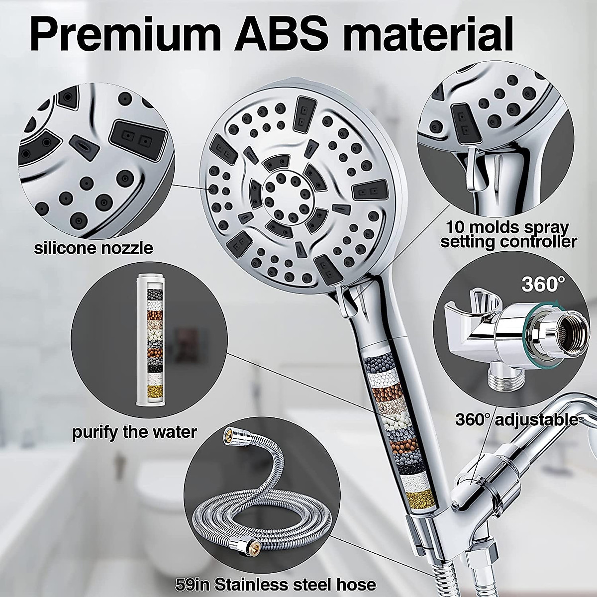 Acbaeta Modern 9-Setting Stainless Steel Shower Head with Handheld, 5-Inch Large Shower Head and 60-Inch Hose, 8 Spray and 2 Jet Modes, Powerful Filters and Water Saver Included