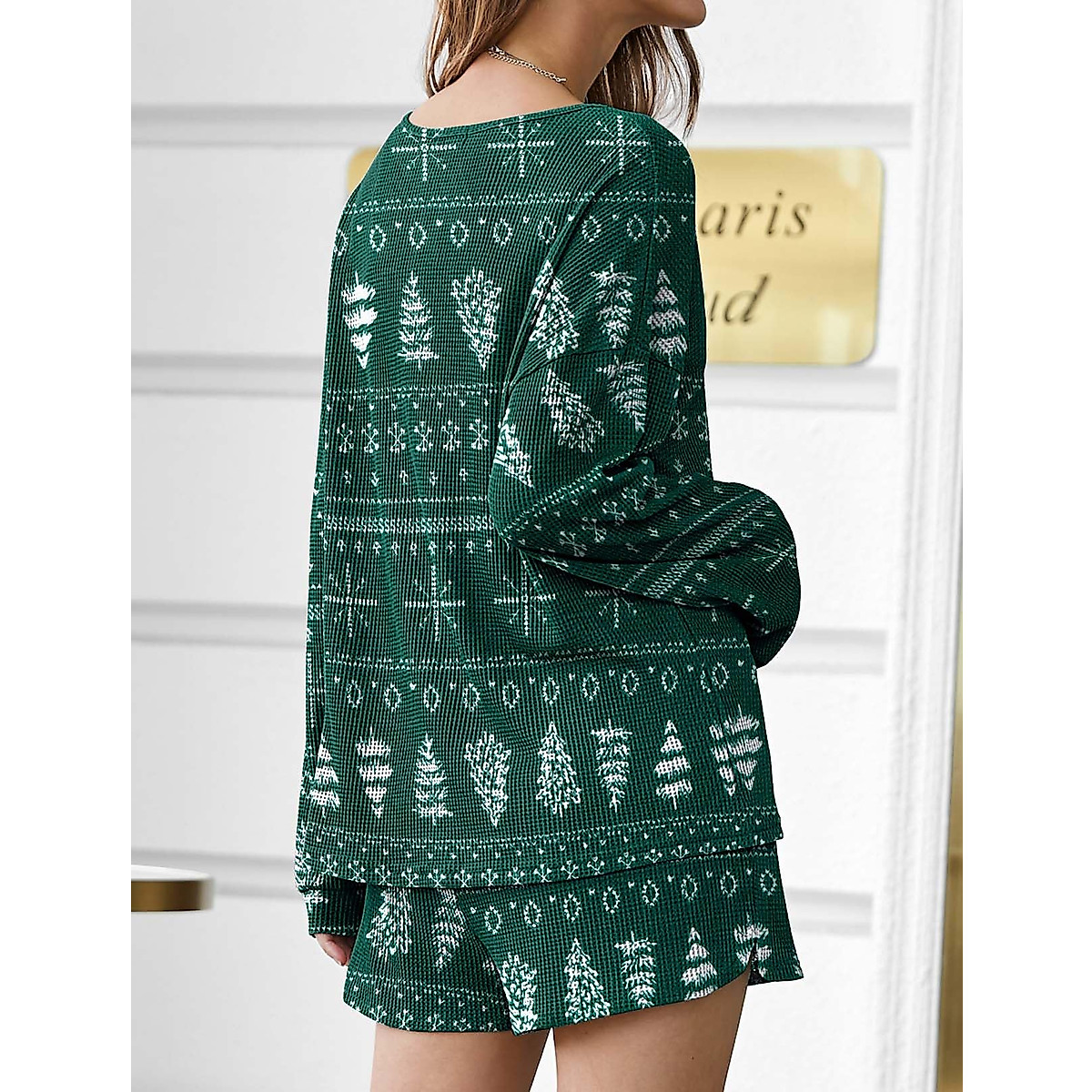 Ekouaer Pajama Set for Women Waffle Knit Lounge Sets Long Sleeve Top and Shorts Matching Loungewear,Christmas Green,L