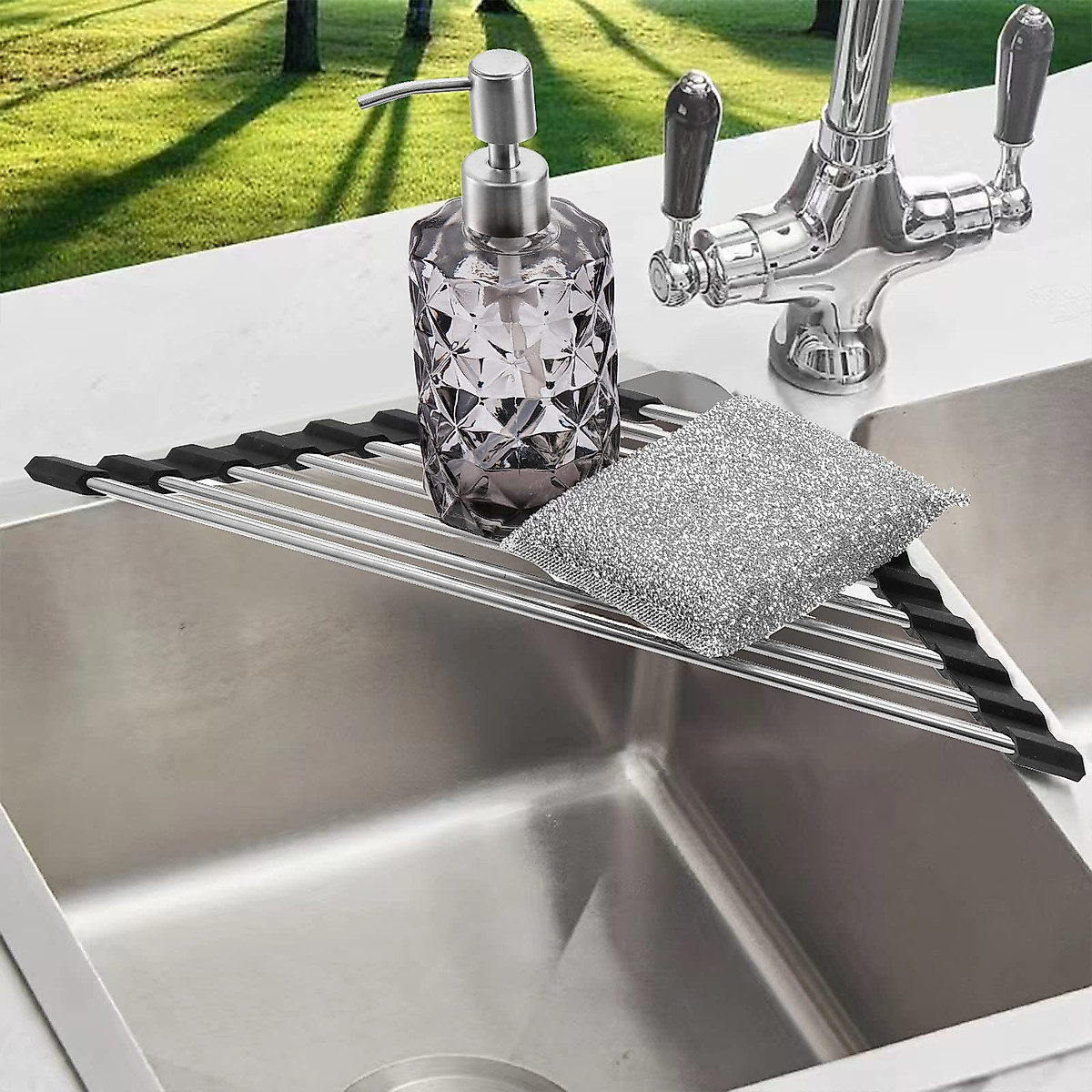 Fasmov 2 Pack Dish Drying Rack, 304-Stainless Steel Sink Organizer for Sponge, Brush, Scrubber, Soap Dispenser Holder, Corner Dish Drying Rack, Gray & Black