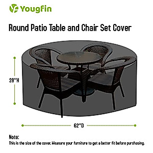 Yougfin Round Patio Table Cover, 600D Heavy Duty Patio Furniture Covers Waterproof, Outdoor Table and Chairs Cover, 62''D x 28''H