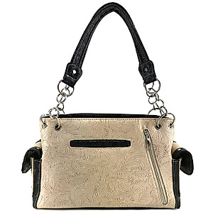 Zelris Floral Western Pu Tooled Leather Turquoise Concho Feathers Conceal Carry Women CCW Shoulder Handbag Purse (Beige)