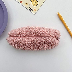 QIANSHENG 5 Pack Faux Lambswool Pencil Case Cute Plush Fuzzy Pen Pouch Bag Kawaii Zipper Cosmetic Bag Make Up Organizer School Office Supplies(Pink, Gray, White,Yellow,Brown)