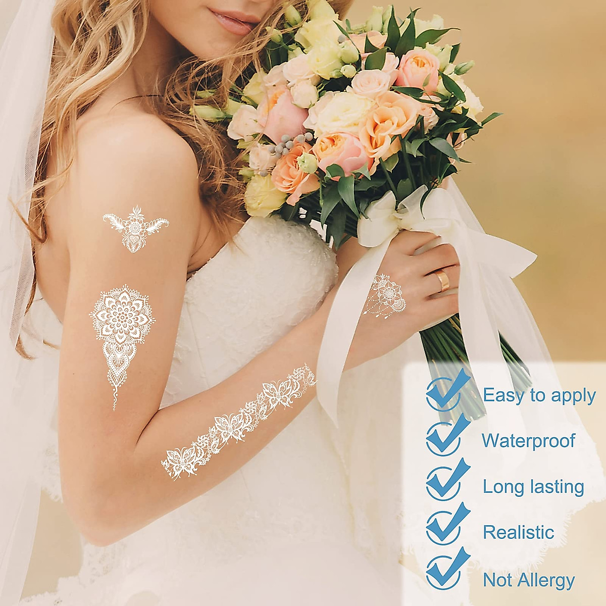 White Lace Temporary Tattoos, Konsait Butterfly Mandala White Tattoos Stickers that Look Real and Last Long Body Tattoos for Women Teens and Girls Wedding Makeup 12 Sheets