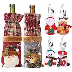 4Pcs Tableware Silverware Holders with 2 Pack Wine Bottle Bags,Candy Pouch Bag Knife Spoon Fork Bag Mini Holiday Stockings for Birthday Gift Tree Decor Dinner Table Ornaments