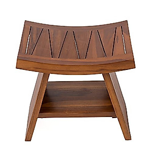 The Teaky Hut Teak Wood Waterproof Shower Bench - with Shelf, Curved, 18 Inch, Wooden Seat Stool for Bathroom, Spa, Garden, Fully Assembled