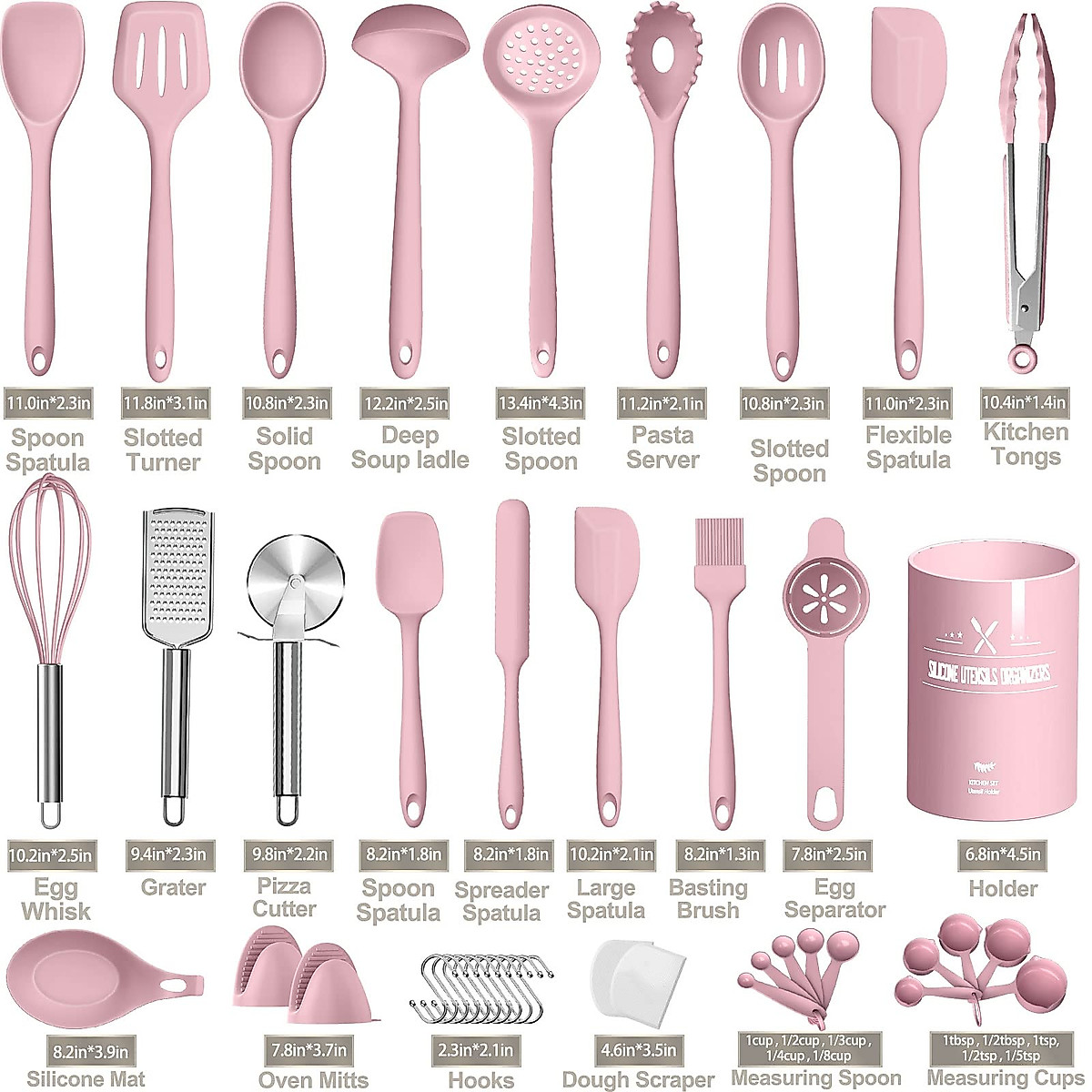 Silicone Cooking Kitchen Utensil Set, AIKKIL 43 Pcs Pink Cooking Utensils Set, Turner, Tongs, Spoon, Spatula, Kitchen Gadgets Tools Set For Nonstick Cookware, Heat Resistant (Dishwasher, BPA Free)