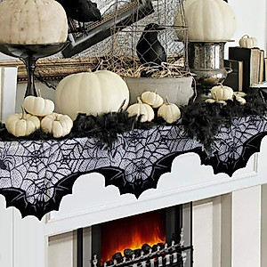 FunisFun Halloween Fall Thanksgiving Lace Fireplace Mantle Scarf Cover, Cloth Runner Door Window Curtain Kitchen Decorations Gothic Festival Party Decor (Bat, Bat, 20*80")