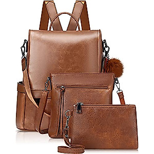 3 Pcs PU Leather Backpack Purse for Women Crossbody Purse Set Women's Crossbody Handbags Soft College Casual Shoulder Bag for Ladies Travel, Brown