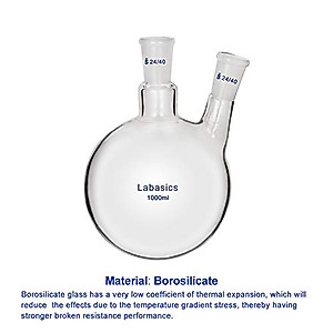 Labasics Glass 1000ml 2 Neck Round Bottom Flask RBF, with 24/40 Center and Side Standard Taper Outer Joint, 1000ml