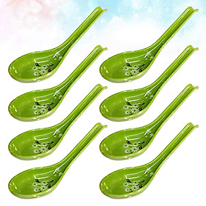Hemoton Soup Spoons, 8pcs Japanese Style Melamine Spoons Rice Spoons with Hook, Chinese Asian Soup Spoons With Long Handle for Restaurants, Food shops, Catering Halls (Green)