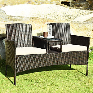 COSTWAY 2-Seat Patio Conversation Sets, Outdoor Patio Loveseat Set with Removable Cushions & Built-in Coffee Table for Backyard, Garden, Lawn, Balcony, Brown+Beige