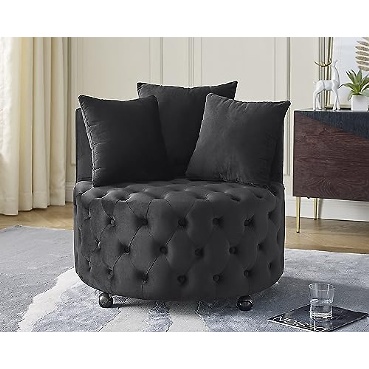 LKTART Velvet Upholstered Swivel Chair Sofa Chair with Wheels with Button Tufted Design and Movable WheelsIncluding 3 Pillows for Bedroom Reception Room Living Room Black