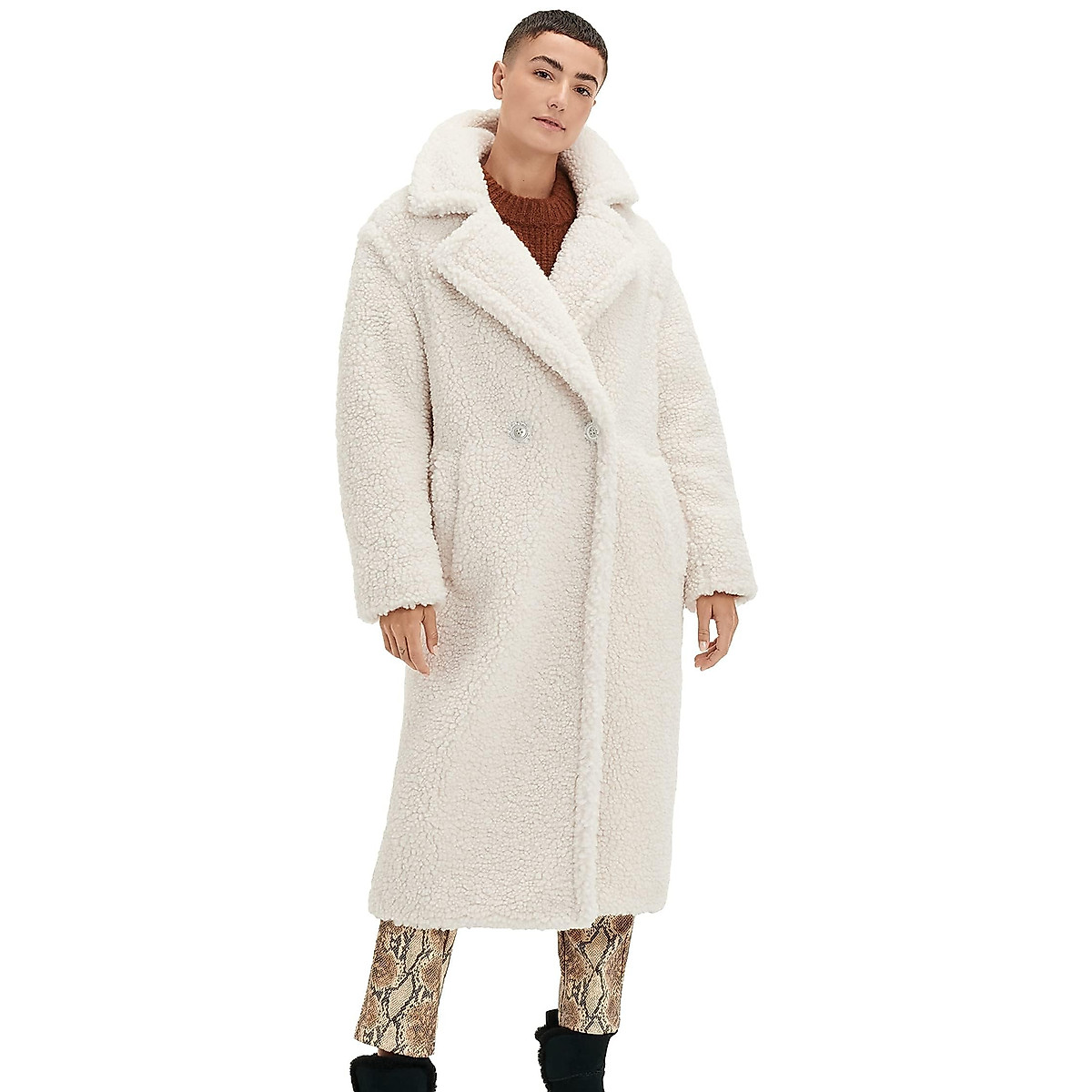 UGG Women's Gertrude Long Teddy Coat, Winter White, XL
