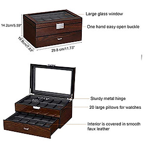BEWISHOME Watch Box 20 Slots Watch Case for Men - Luxury Watch Organizer with Glass Top,Smooth Faux Leather Interior, Brown SSH04Y