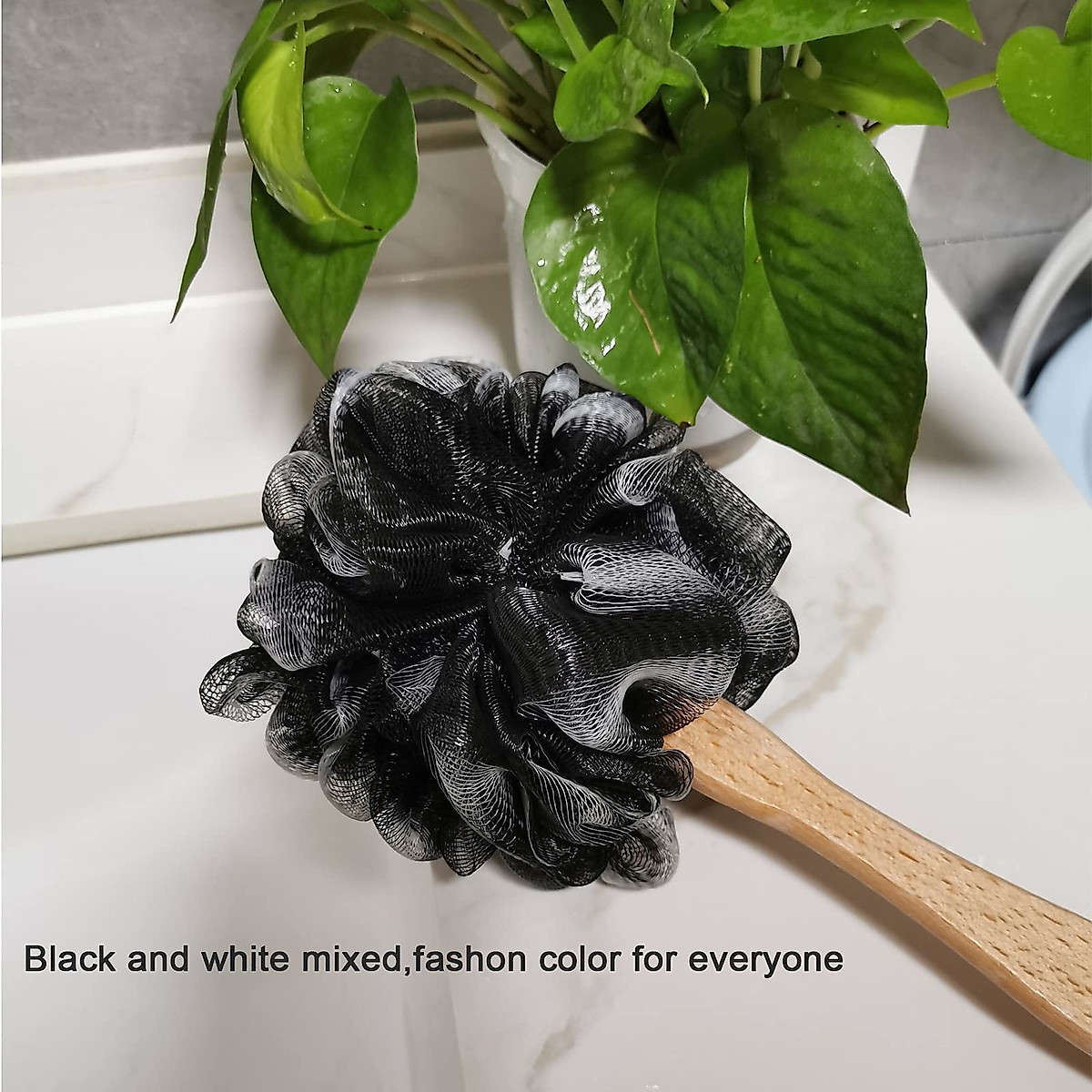 Arswin Shower Sponge Loofah Back Scrubber,Loofah on a Stick,PE Soft Mesh Loofah Body Scrubber with Wooden Handle,Bath Sponge for Women Kids (Black)