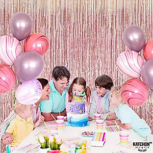 KatchOn, Iridescent Rose Gold Fringe Curtain - 3.2x8 Feet, Pack of 2 | Rose Gold Backdrop Curtain for Rose Gold Birthday Decorations | Irridescent Rose Gold Streamers | Bachelorette Party Decorations