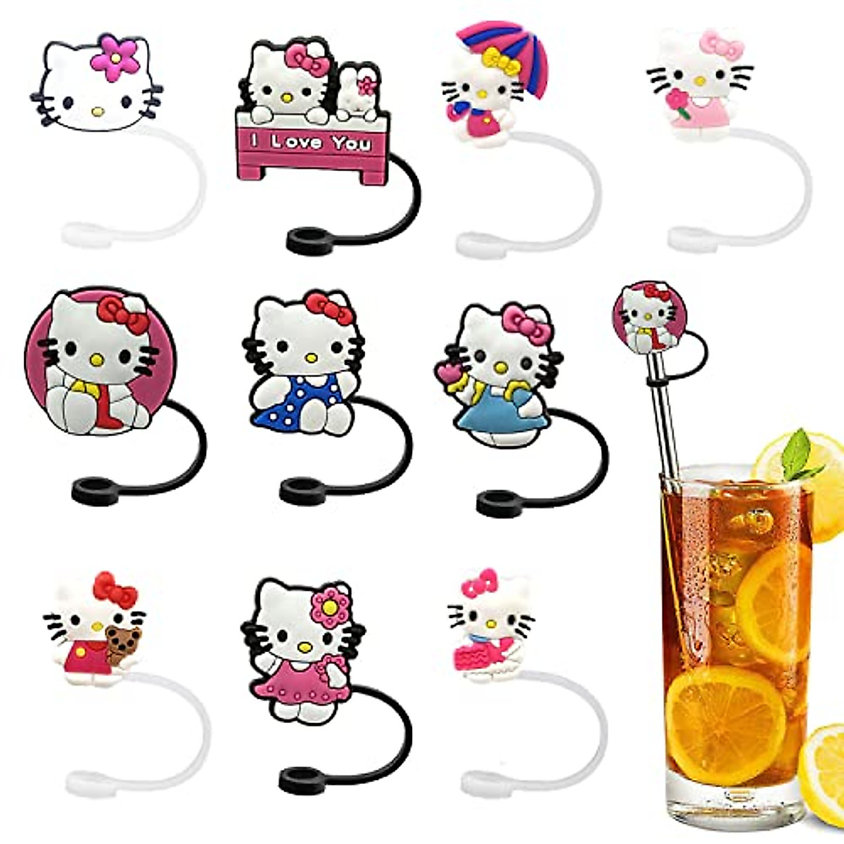 10pcs Drinking Straw Covers Cap, (Cute Cartoon Cat) Reusable Drinking Straw Tips Lids, Straw Toppers for Tumblers, Portable Cute Straw Tips Covers, Dust Proof Plugs Cap Protector 2D Style 7