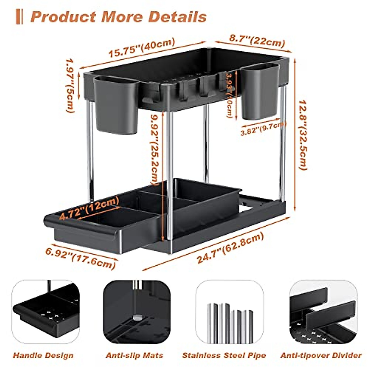 XIBALAGA Under Sink Organizer,2 Tier Under Sink Organizers And Storage For Kitchen Bathroom,Under Sink Cabinet Organizer，Multi-purpose Stable And Sturdy Countertop Organizer (black one sliding)