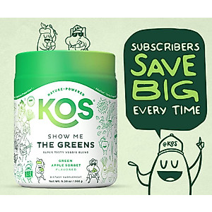 KOS USDA Organic Super Greens Powder - Plant Based Algae Superfood Blend with Spirulina, Chlorella & Wheatgrass - Keto, Vegan, Daily Green Juice Smoothie Drink - Green Apple Sorbet Flavor, 28 Servings