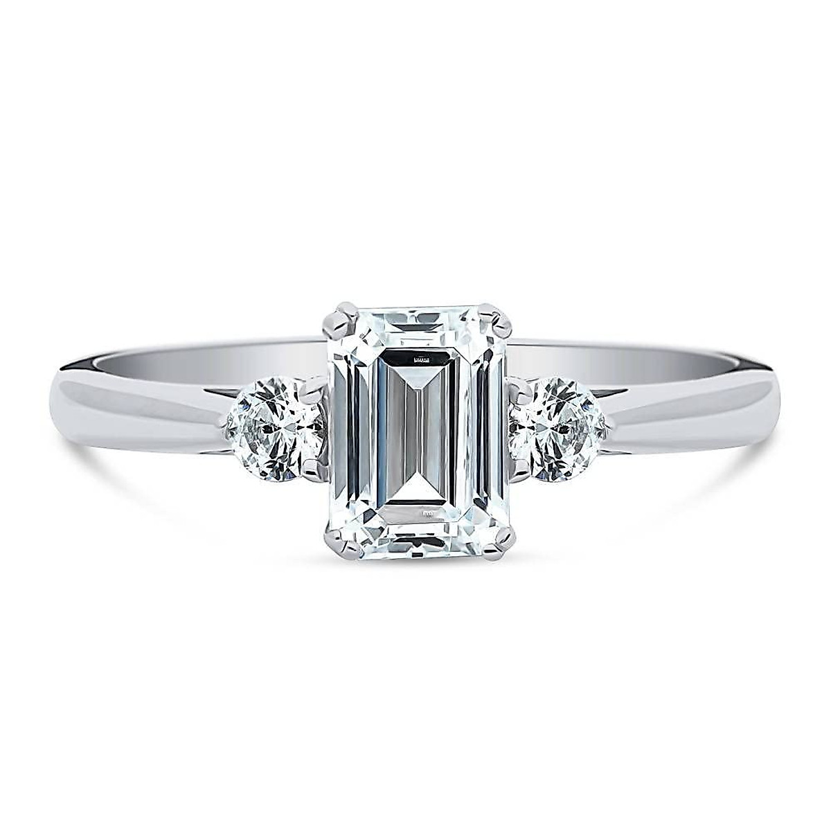 BERRICLE Sterling Silver 3-Stone Wedding Engagement Rings Emerald Cut Cubic Zirconia CZ Anniversary Promise Ring for Women, Rhodium Plated Size 4