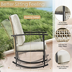 SDMY 3 Pieces Patio Rocking Bistro Set, Patio Rocking Chairs Set of 2, Rattan Patio Chairs and 2-Tier Coffee Table, Outdoor Conversation Sets for Balcony, Porch, Bistro,Lawn, Garden, Backyard, Beige