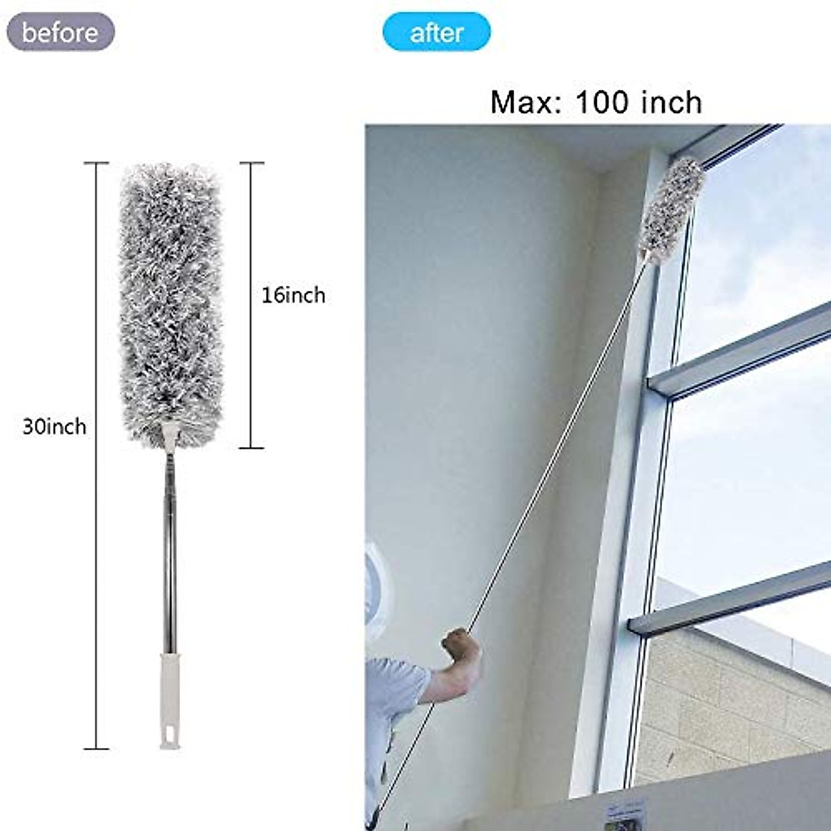 Microfiber Duster with Extension Pole 100'' + Microfiber & Domed Cobweb Double Replacement Heads Extendable Dusters