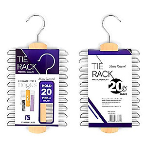 Umo Lorenzo Premium Wooden Necktie and Belt Hanger, Walnut Wood Center Organizer and Storage Rack with a Non-Slip Finish - 20 Hooks