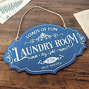 BetyHom 13×9 In Distressed Blue Wooden Laundry Room Wall Decor Sign Self Service Laundry Signs with Hang Rope