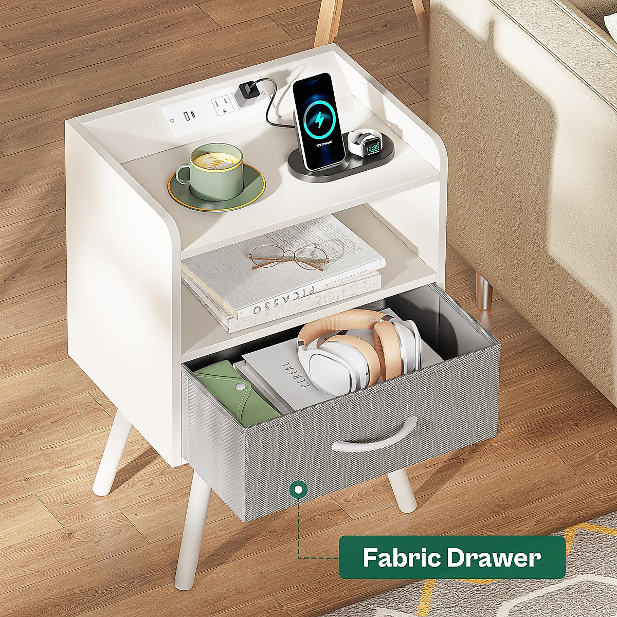 Huuger Night Stand with Charger Station, White Nightstand with Drawer and Open Shelf, Bedside Table, End Table with Solid Wood Feet, Side Table for Bedroom