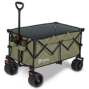 Sekey 220L Collapsible Foldable Wagon with 330lbs Weight Capacity, Heavy Duty Folding Utility Garden Cart with Big All-Terrain Beach Wheels & Drink Holders. Khaki