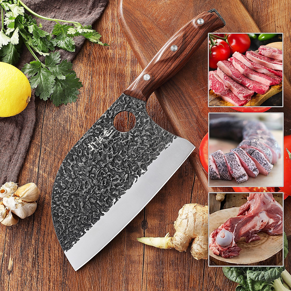 3PCS Butcher Knife Set, 7" Butcher Meat Cleaver, 7" Serbian Chef Knife and 6.5" Viking Knife, Hand Forged Kitchen Knife Set with Plastic Handle, Geat for Home, Camping, BBQ (Unique Finger Hole Design)